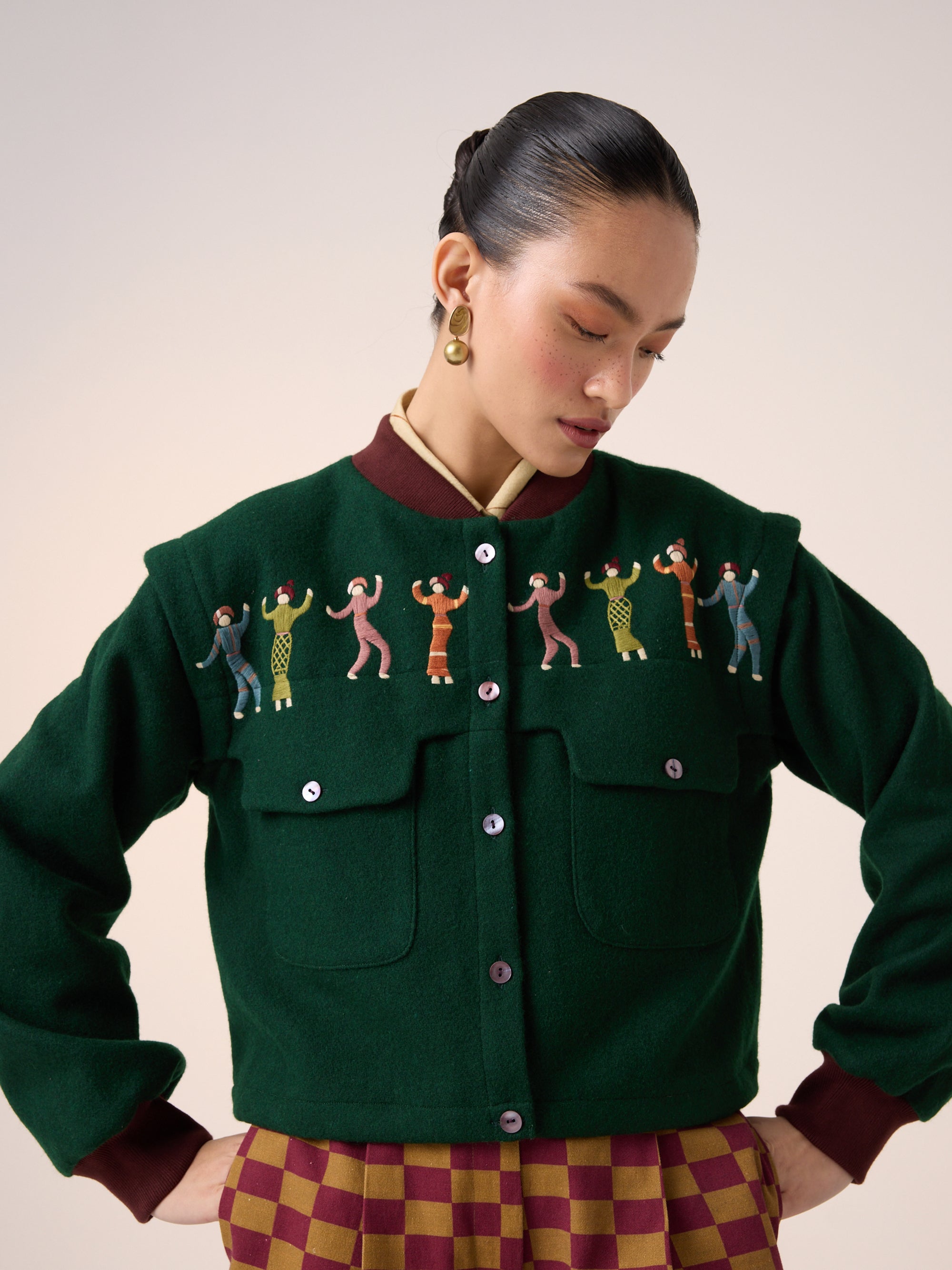 Bert Jacket Green Folk Embroidery, Premium Wool – CordStudio