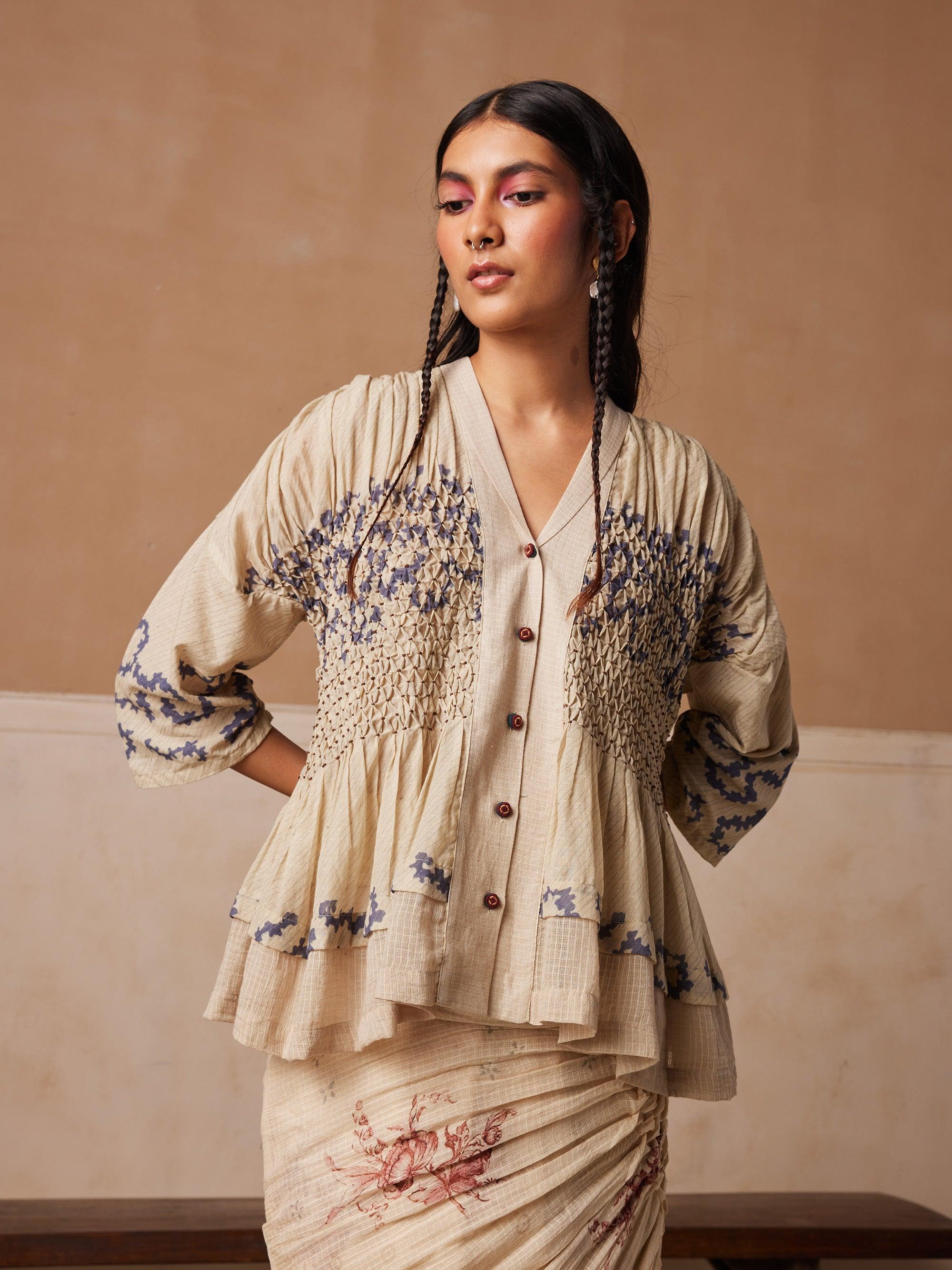 Button Up Mid Length V Veckline Spiral Printed Cotton Shirt Top – CordStudio