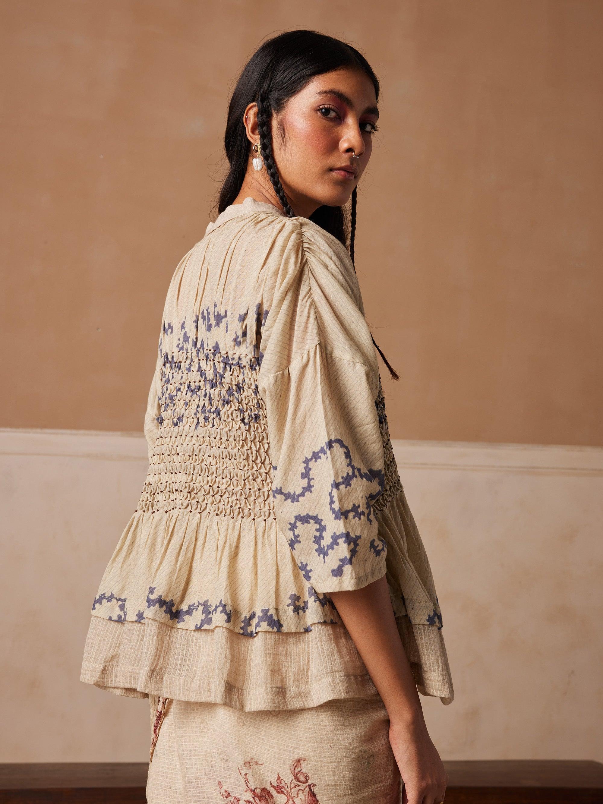 Button Up Mid Length V Veckline Spiral Printed Cotton Shirt Top – CordStudio