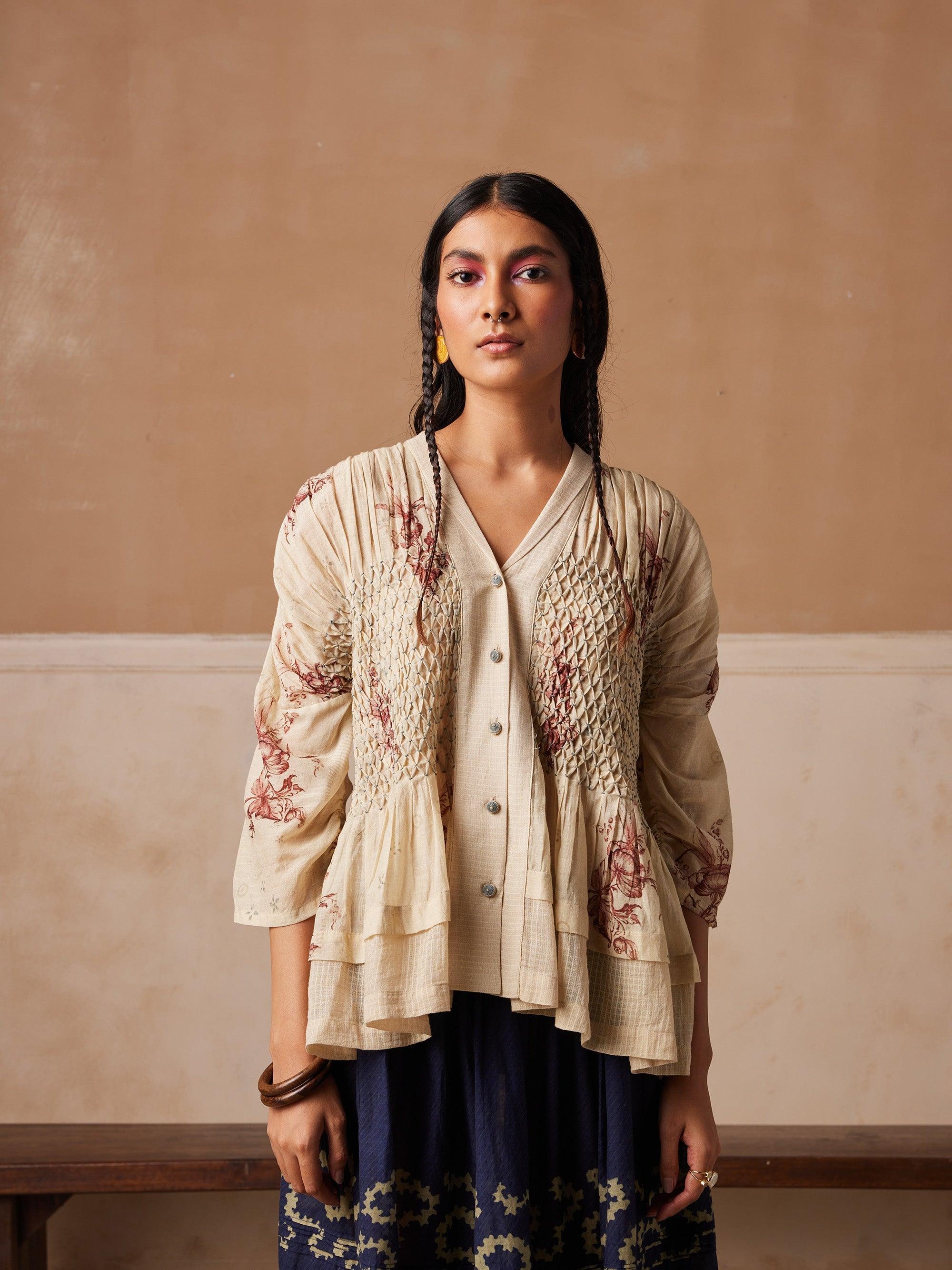 Button Up V Neckline Peplum Style Peony Printed Cotton Shirt Top – CordStudio