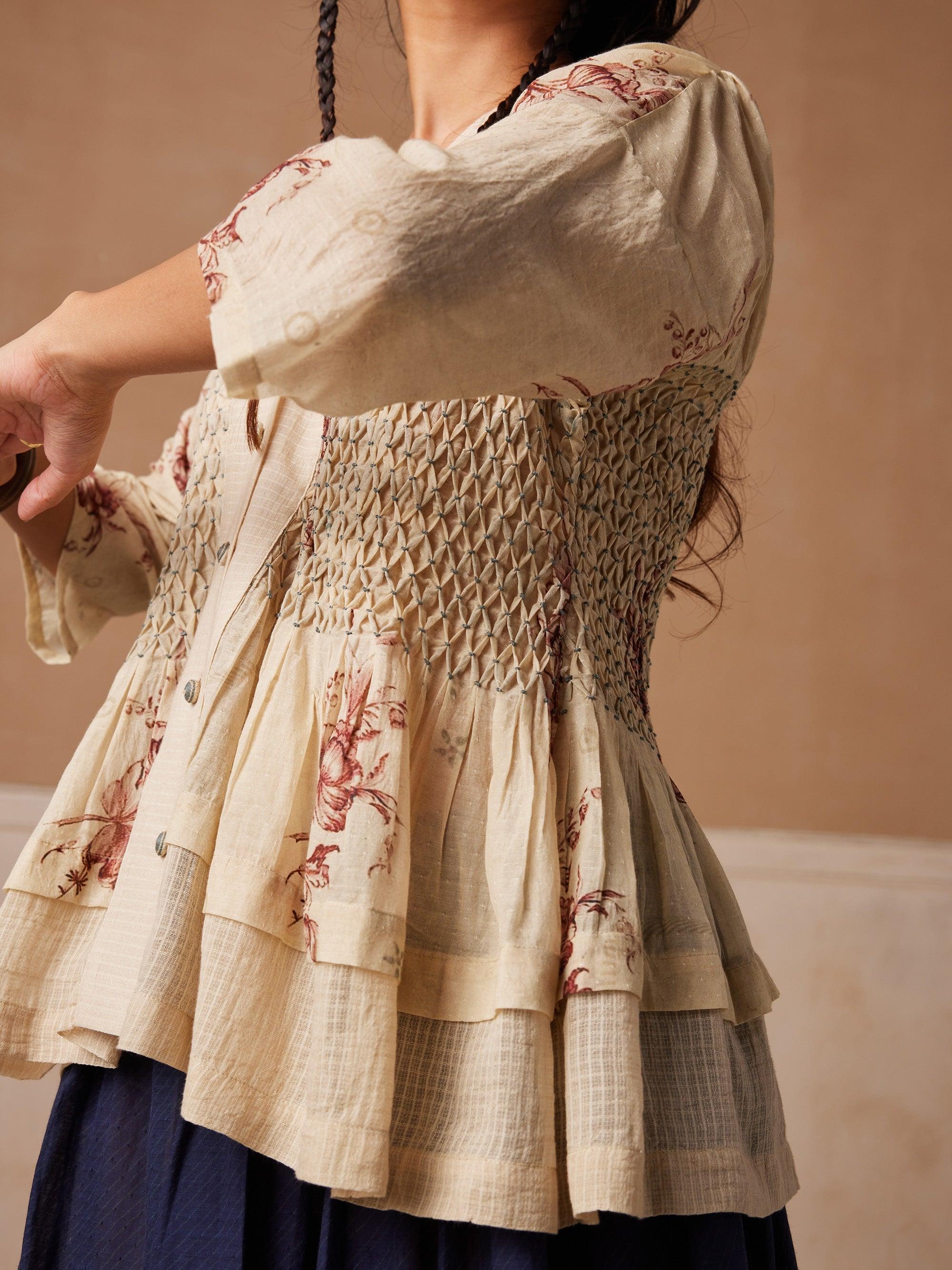 Button Up V Neckline Peplum Style Peony Printed Cotton Shirt Top – CordStudio