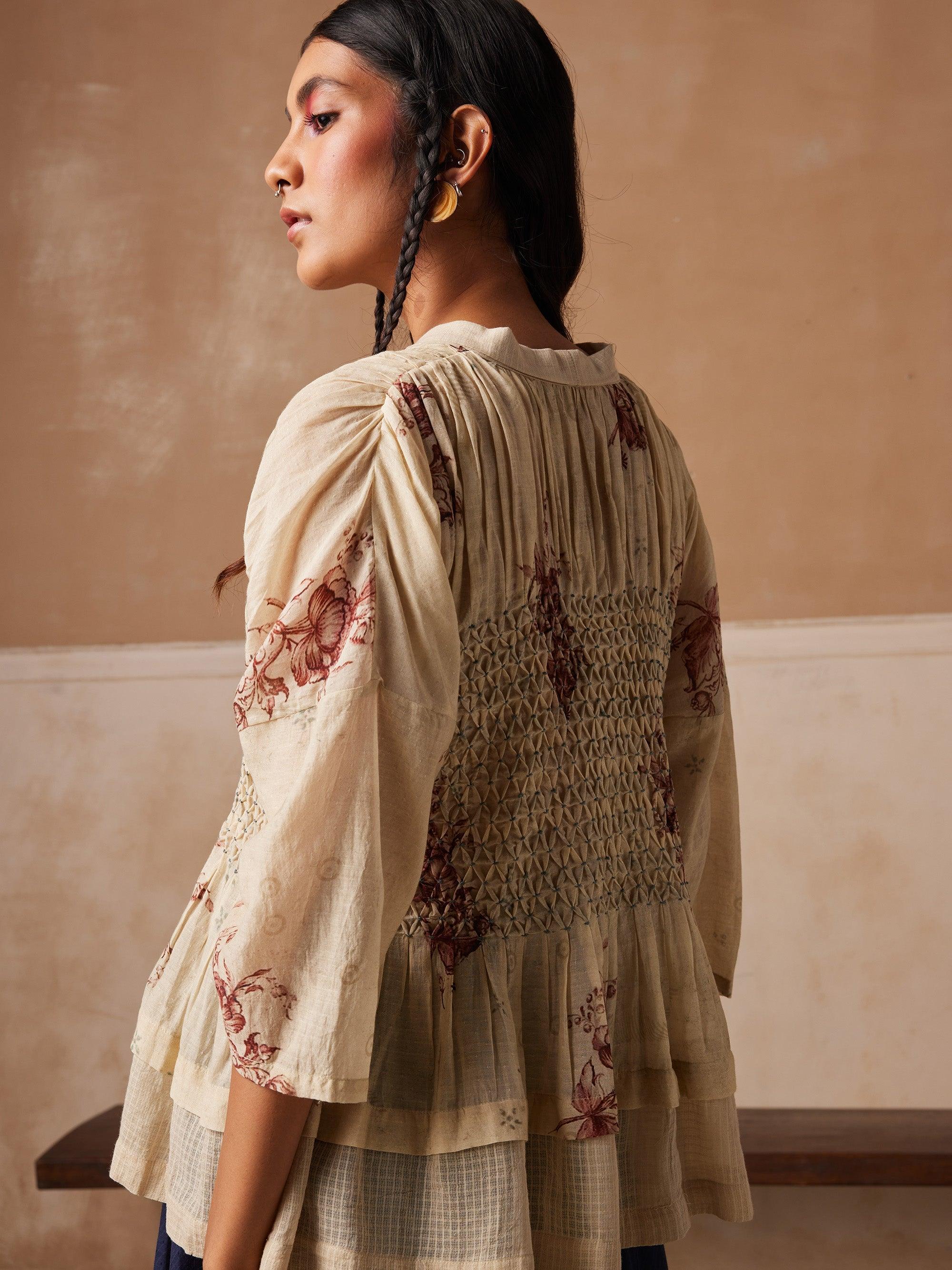 Button Up V Neckline Peplum Style Peony Printed Cotton Shirt Top – CordStudio